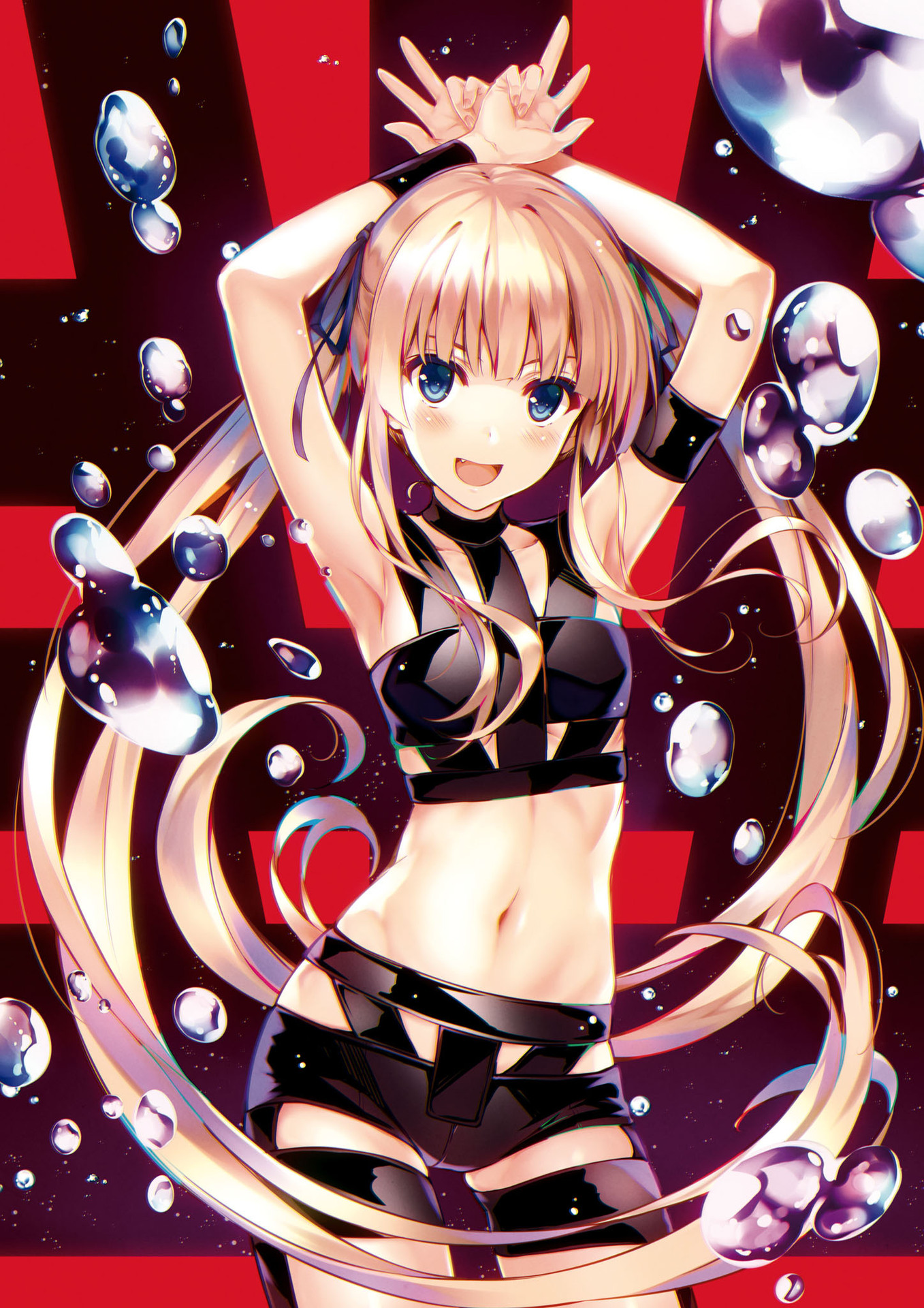 Safebooru - 1girl :d arm strap armpits arms up black shorts blonde hair blue eyes blue ribbon ...